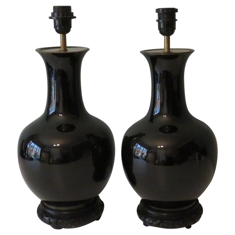 Set of 2 Black Mirror Ceramic Lamp Bases with Black Carved Wooden Base ...