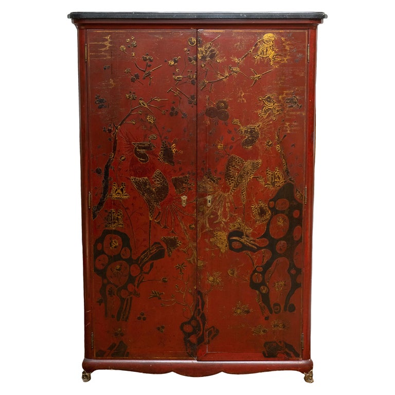 Red Lacquer Armoire with Brass Feet For Sale at 1stDibs