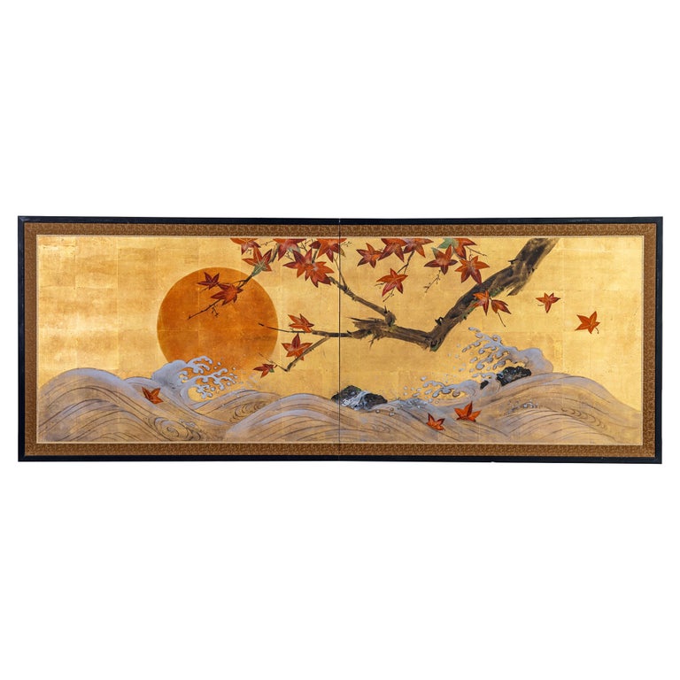 Japanese Two Panel Screen, Sun and Cresting Waves Through Maple For ...