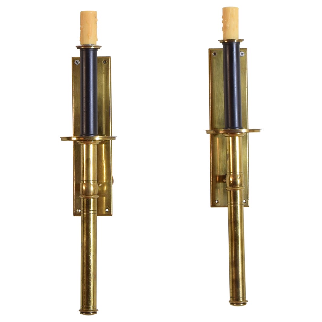 Pair of Carved Wood Backplates with Brass Sconces For Sale at 1stDibs