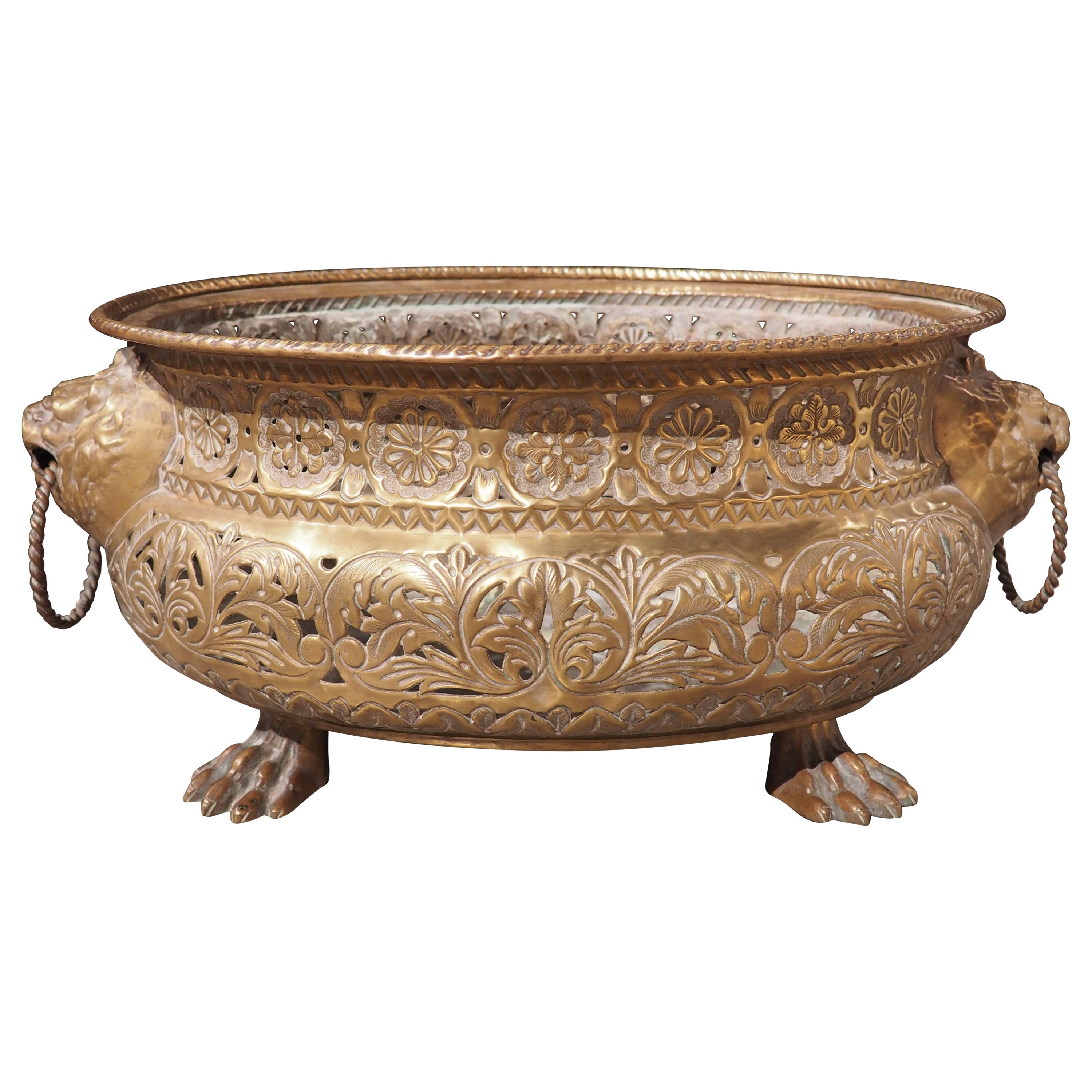 Antique French Pierced and Repousse Brass Jardiniere, C. 1850 at 1stDibs