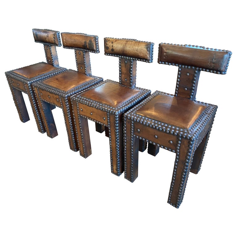 Leather and Nailhead T-Back Chair, France, 1960's at 1stDibs