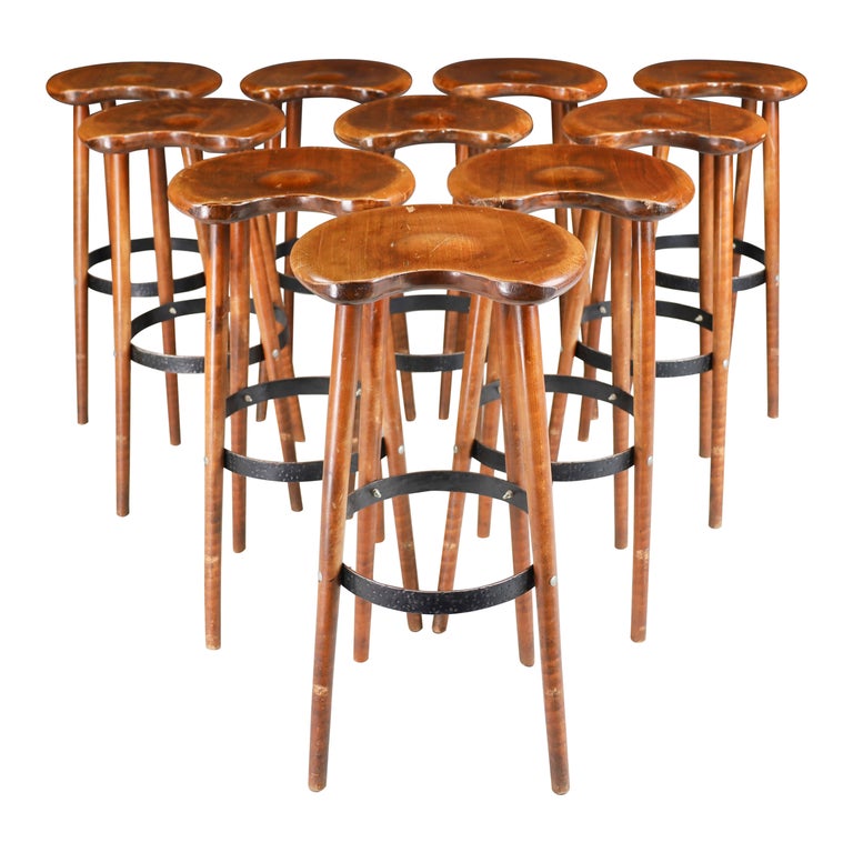 Brutalist Solid Wood Bar Stools Wit Organic Form Seat, France, 1960s ...