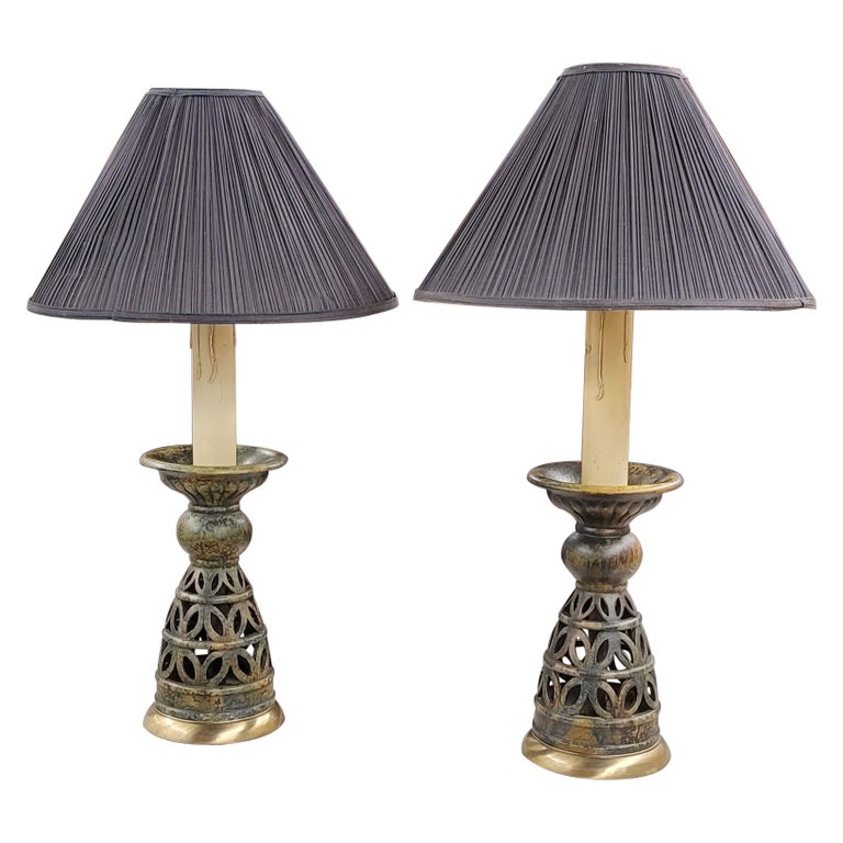 Anglo-Japanese Carved Ceramic Candle Stands and Brass Large Table Lamps ...