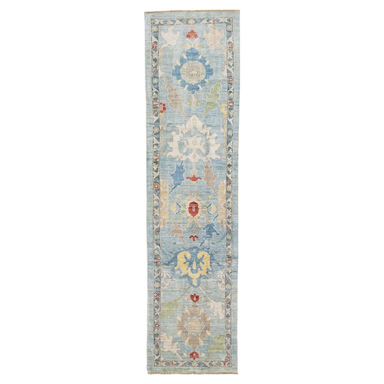Modern Sultanabad Blue Handmade Wool Runner with Floral Design For Sale ...