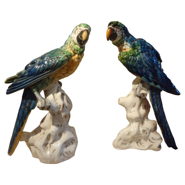Pair of Italian Glazed Terracotta Parrot Statues For Sale at 1stDibs