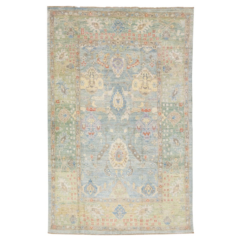 Modern Sultanabad Blue and Green Handmade Allover Floral Wool Rug For ...