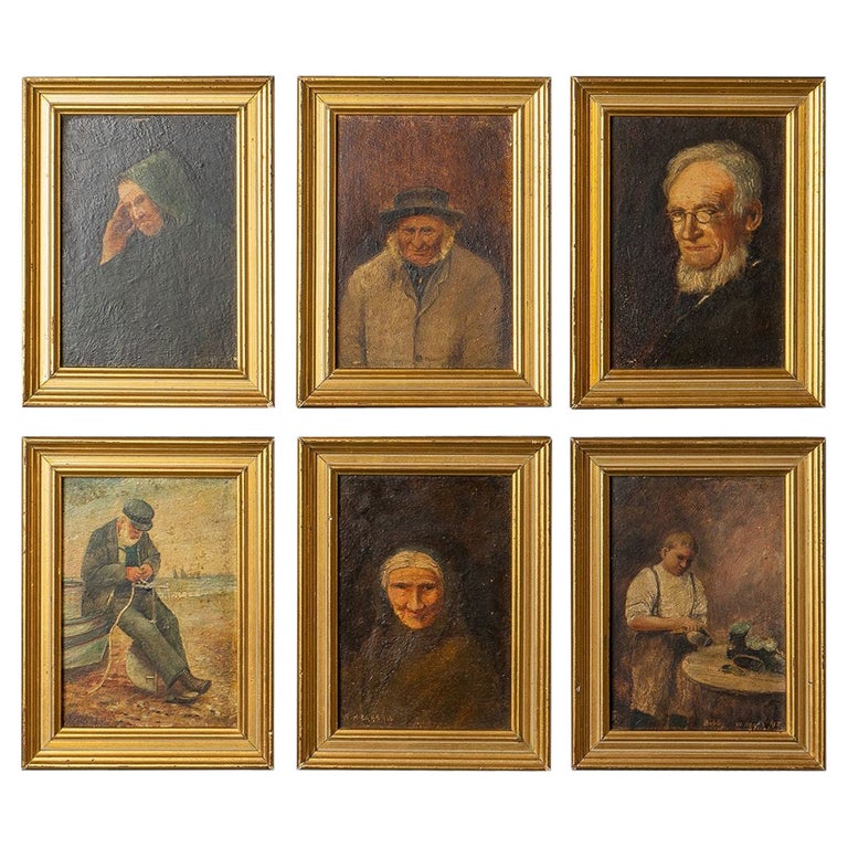Set of Six Cornish Naive Folk Art Portraits of Village Members, Early ...