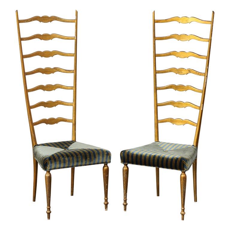 Pair of Midcentury Italian Giltwood High Ladder Back Chairs with Velvet ...