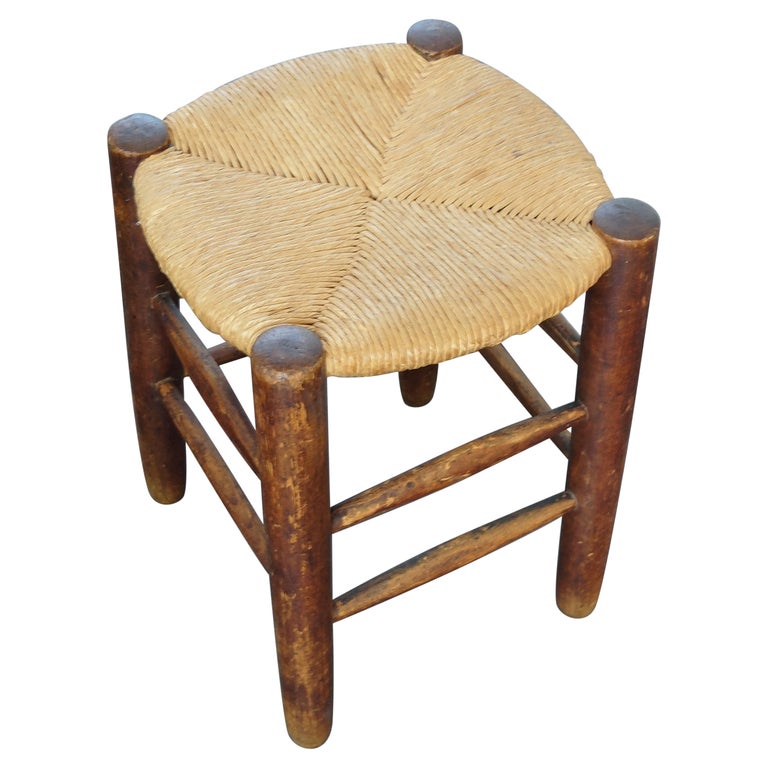 French Bauche Straw Stool, in the Style of Charlotte Perriand For Sale ...