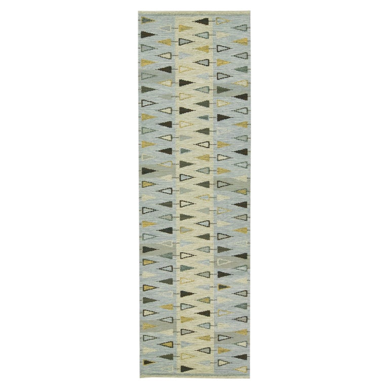 Modern Scandinavian Green Handmade Wool Runner with Geometric Pattern ...