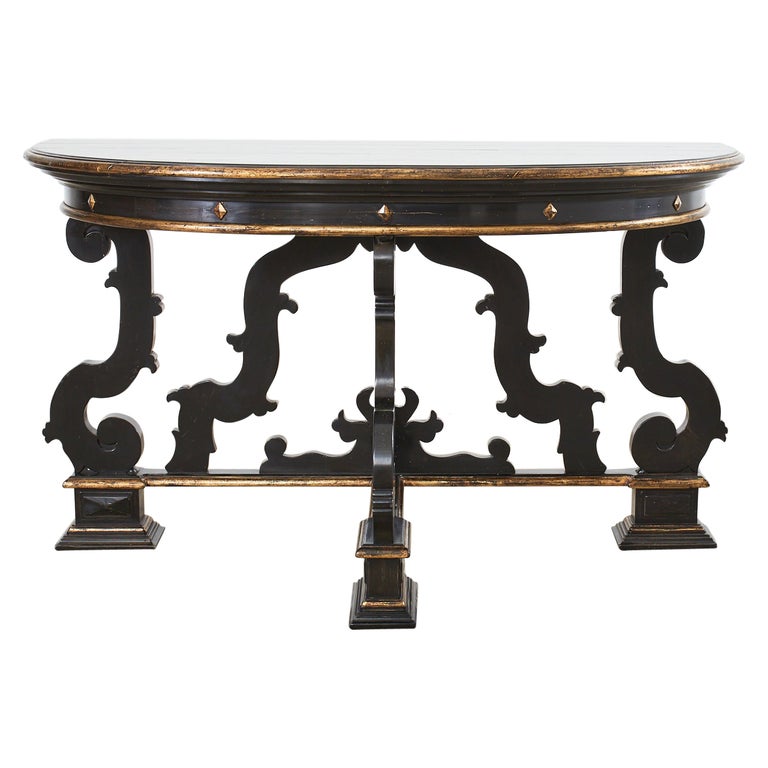 Table console italienne de style baroque en demi-lune ébénisée - En ...