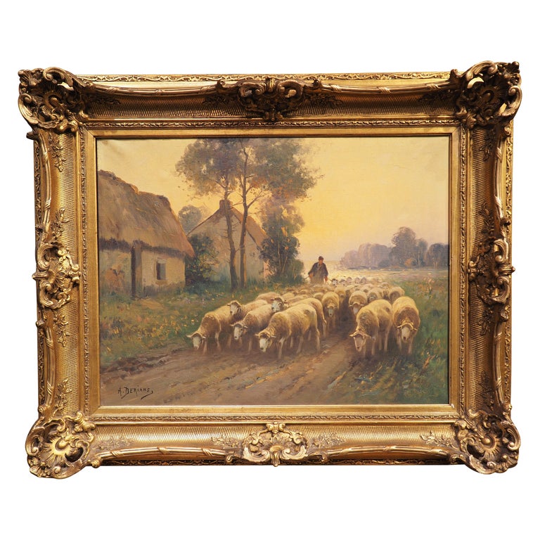 Antique French Oil Painting, The Return of the Flock at Sunset, by ...