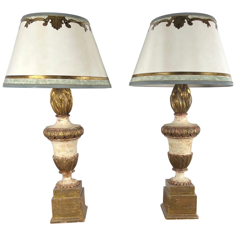 Pair of Painted and Parcel Gilt Carved Flame Lamps w/ Parchment Shades ...