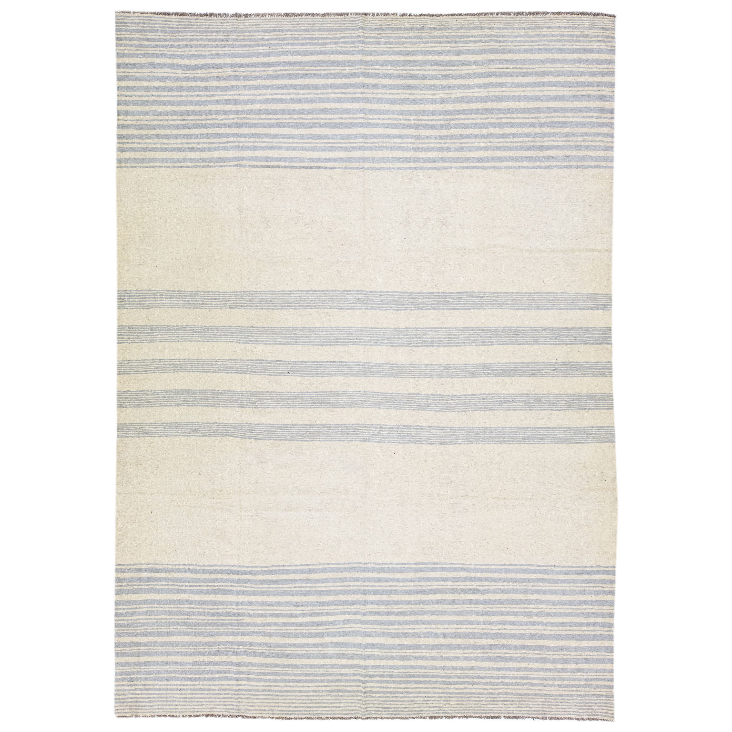 Modern Kilim Flat-Weave Beige Oversize Wool Rug with Stripe Design For ...