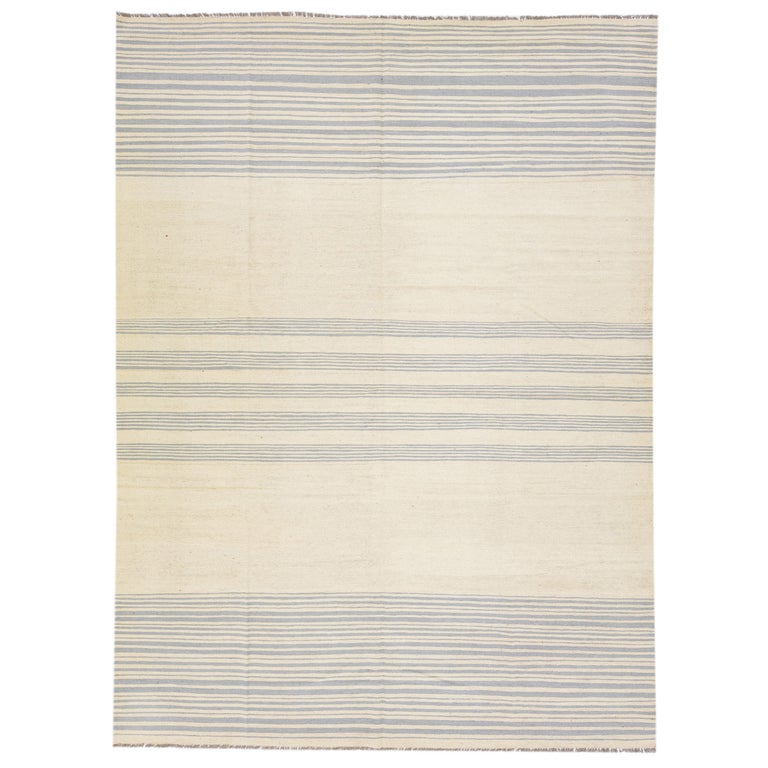 Beige Modern Kilim Flat-Weave Striped Wool Rug For Sale at 1stDibs