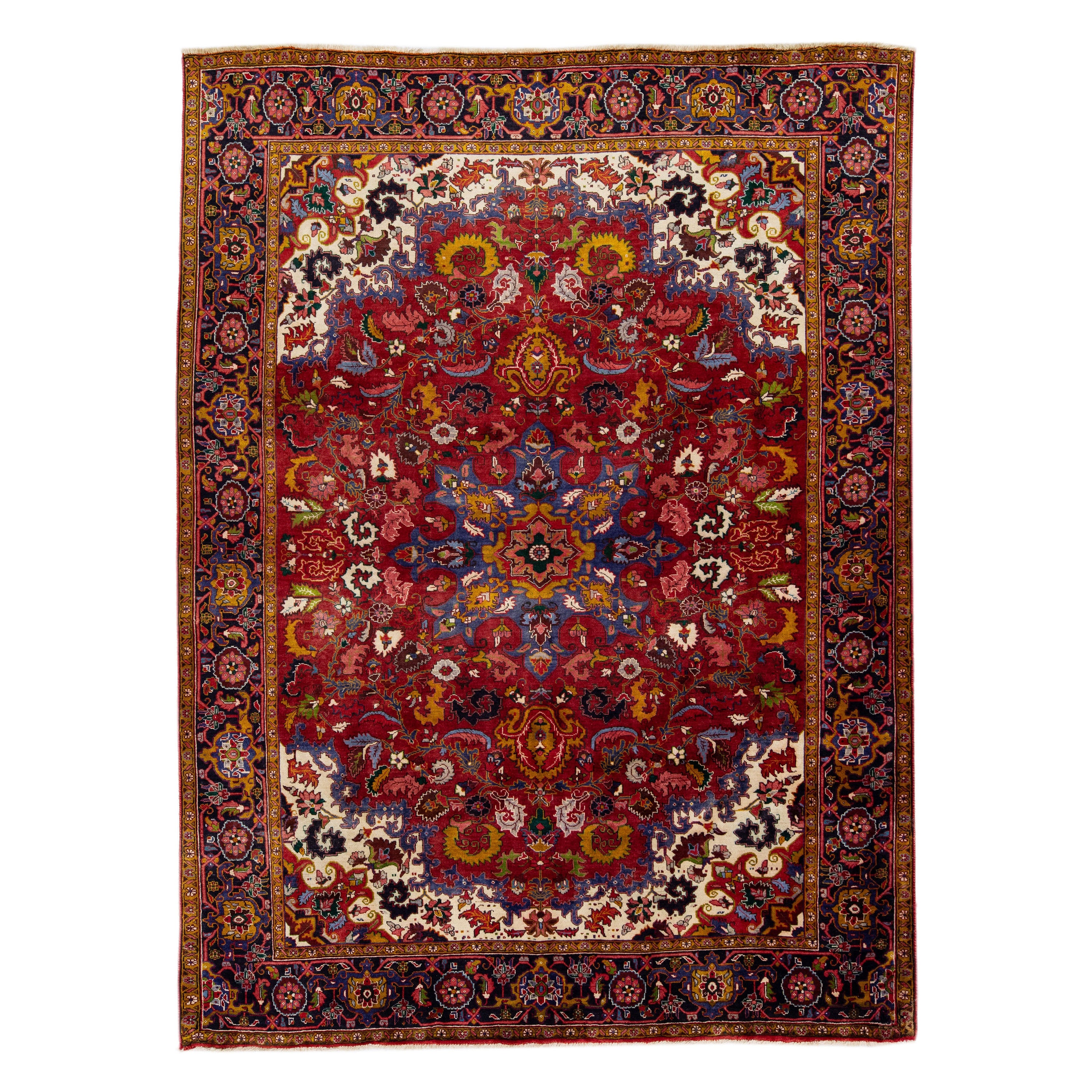 Antique Persian Mashad Rug with Floral Medallion Design in Raspberry ...