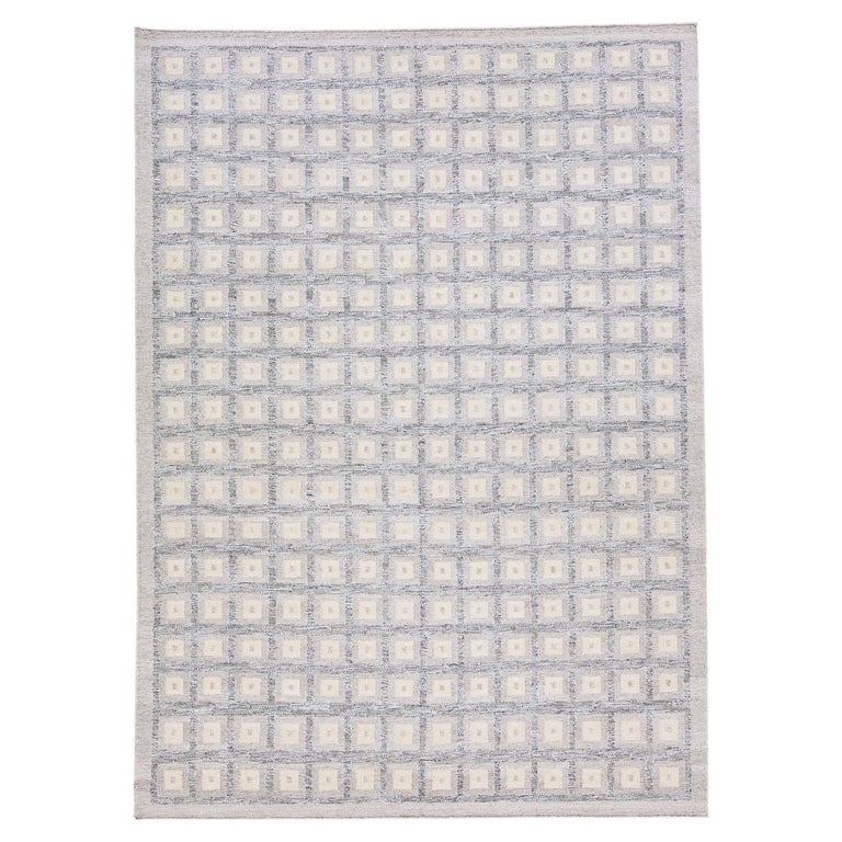 Beige Modern Scandinavian Handmade Wool Rug with Allover Geometric ...