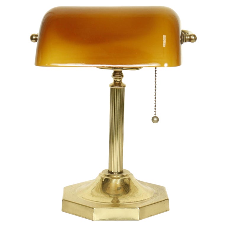 Amber Glass and Brass Bankers Lamp For Sale at 1stDibs