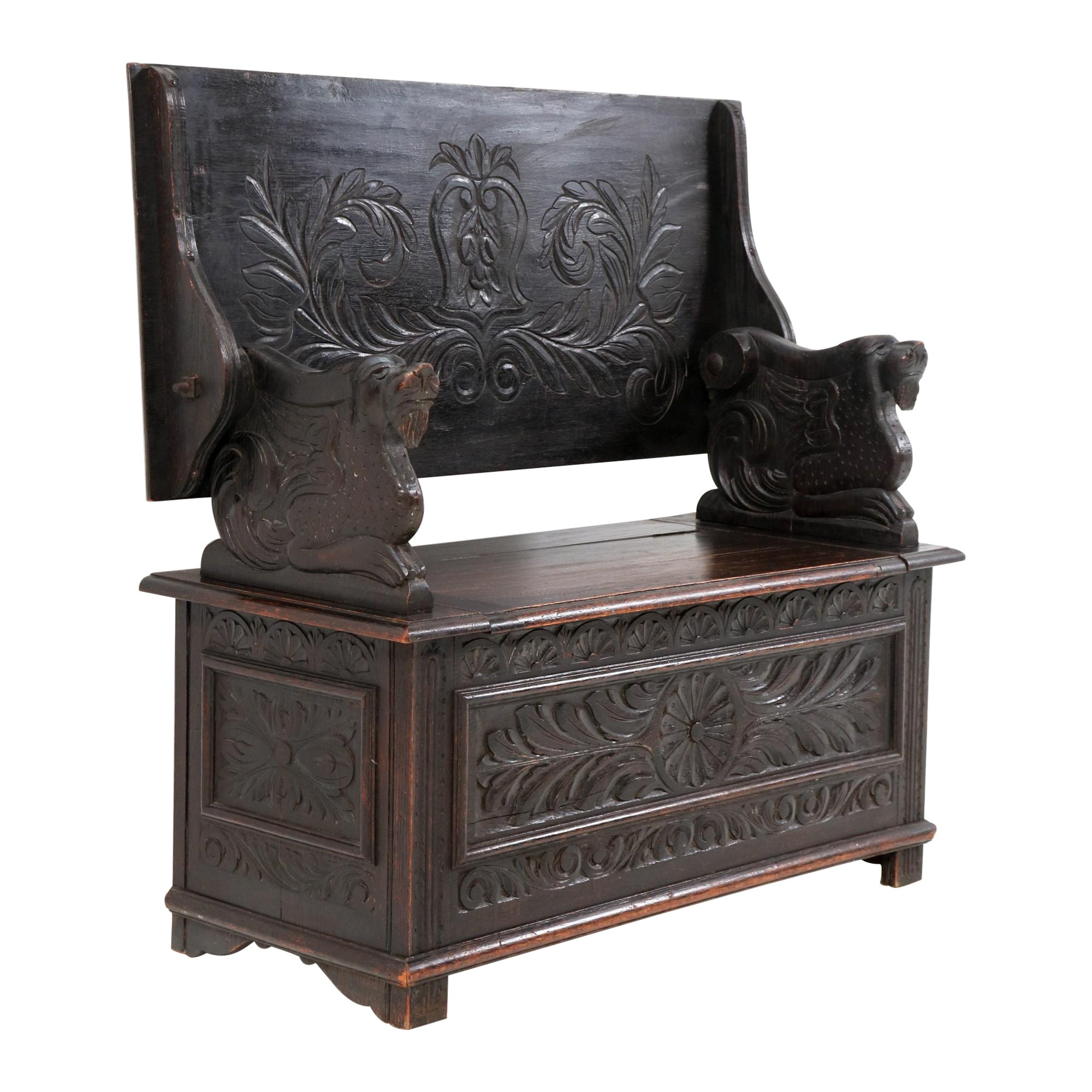 Carved Oak Hall / Monks Bench at 1stDibs