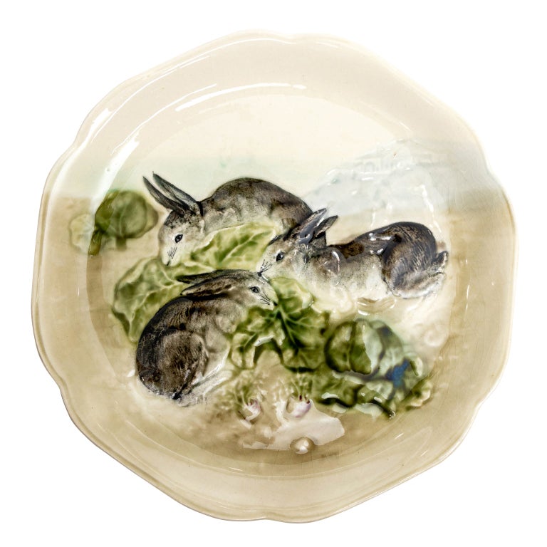 French Majolica Bunny Plate For Sale at 1stDibs