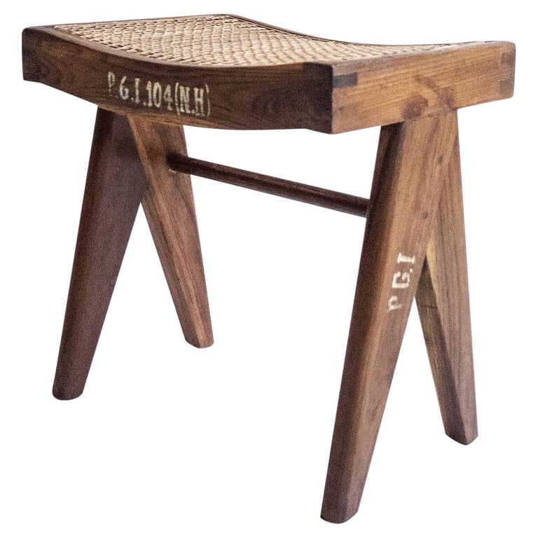 Pierre Jeanneret Low Teak Rattan Stool For Sale at 1stDibs