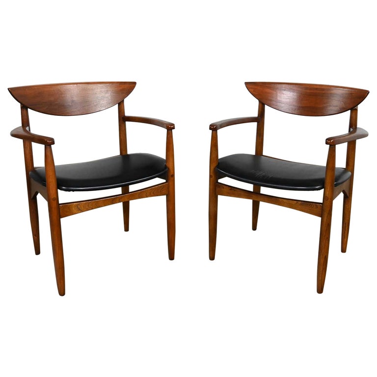 MCM Walnut and Oak Pair Lane Perception Dining Host Arm Chairs by Warren C. Church For Sale at ...