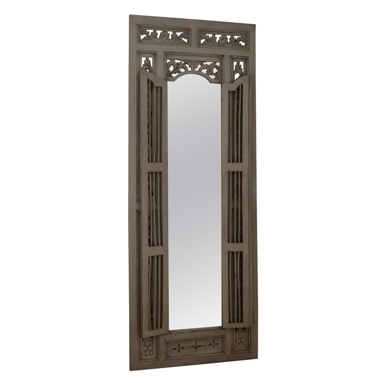 Vintage Carved Cream Painted Shuttered Tall Mirror For Sale at 1stDibs