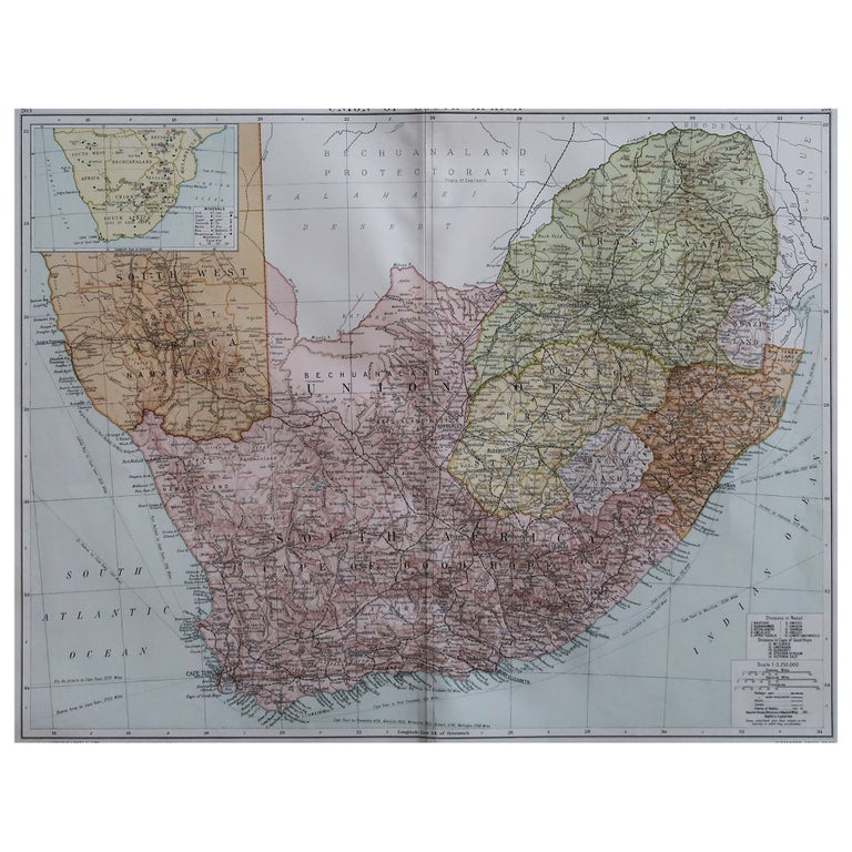 Large Original Vintage Map of South Africa, circa 1920 For Sale at 1stDibs