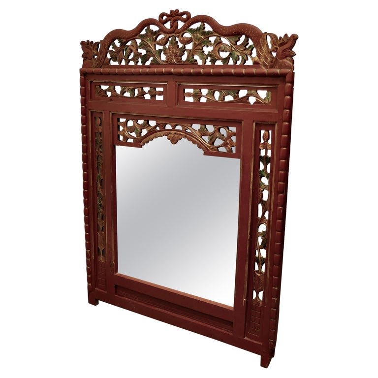19th Century Oriental Painted Red Lacquer Mirror For Sale at 1stDibs