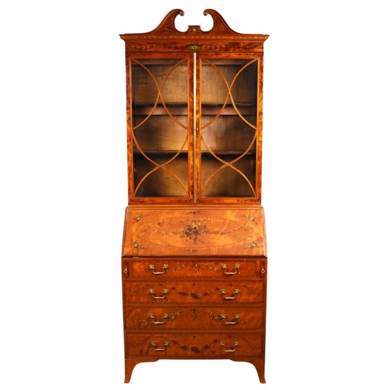 Edwardian Hand Painted Satinwood Bureau Bookcase For Sale at 1stDibs