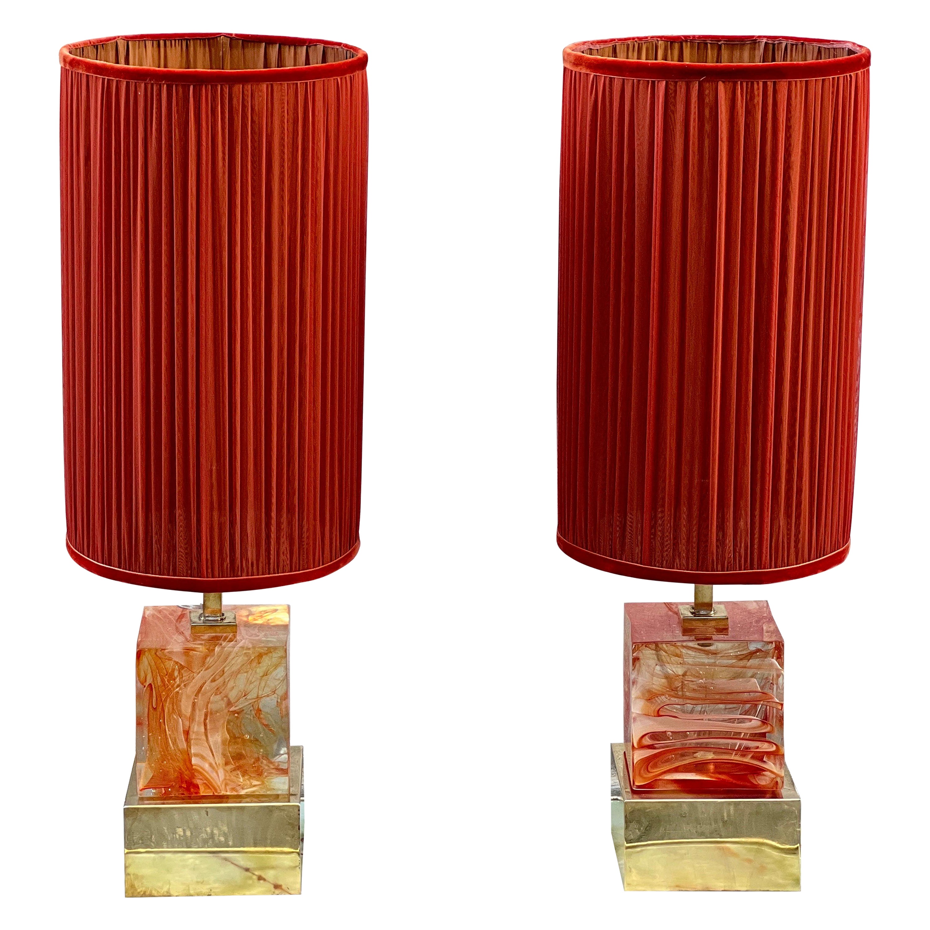Pair of Cubic Orange Murano Glass Table Lamps with Brass Lampshades ...