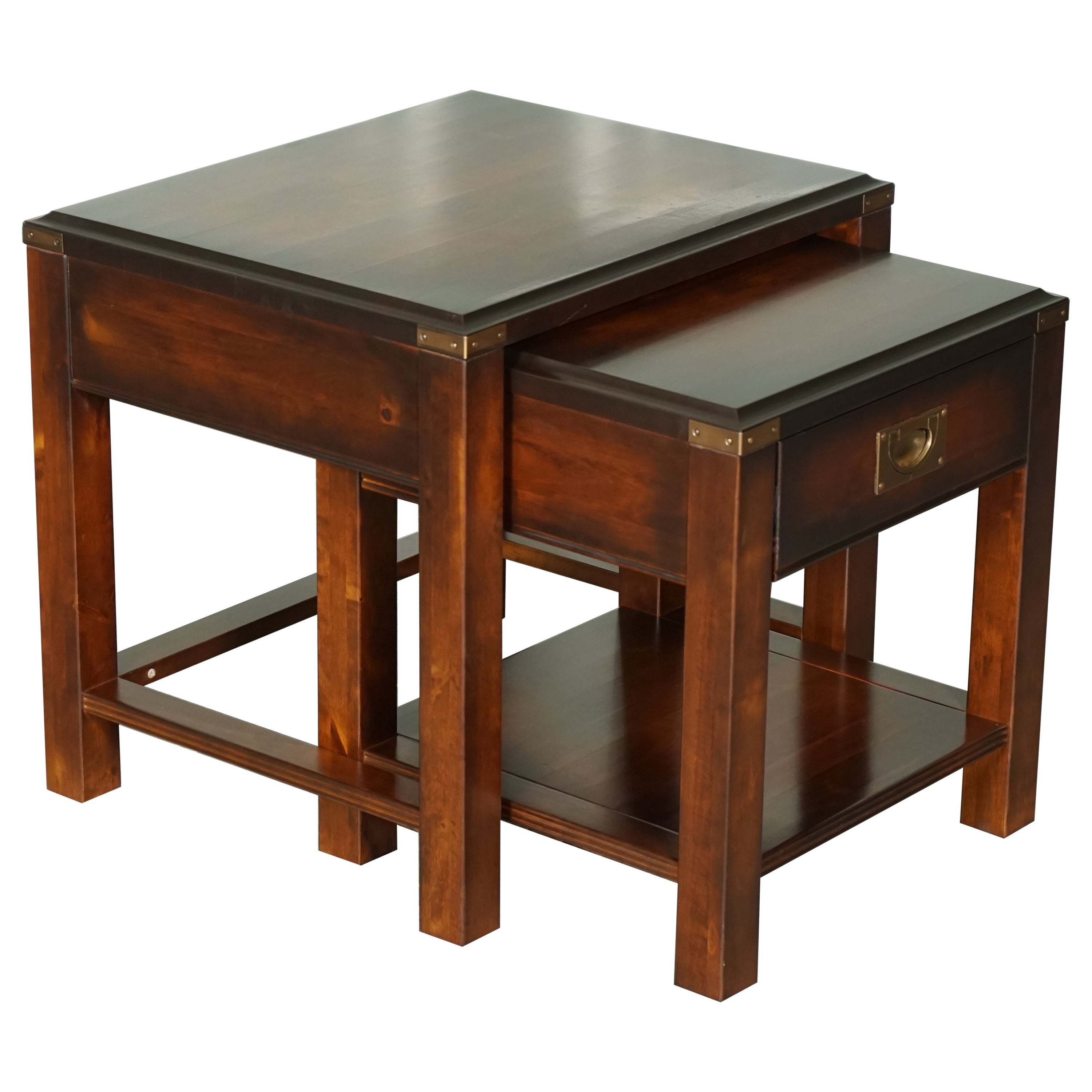 Nest of Three Vintage Campaign Tables with Global Maps Design Brass ...