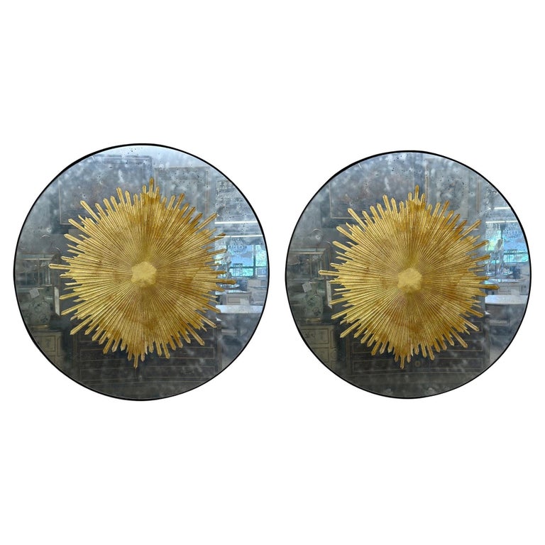 Pair of Monumental Gilt Gold and Silver Glass Sunburst Mirrors ...