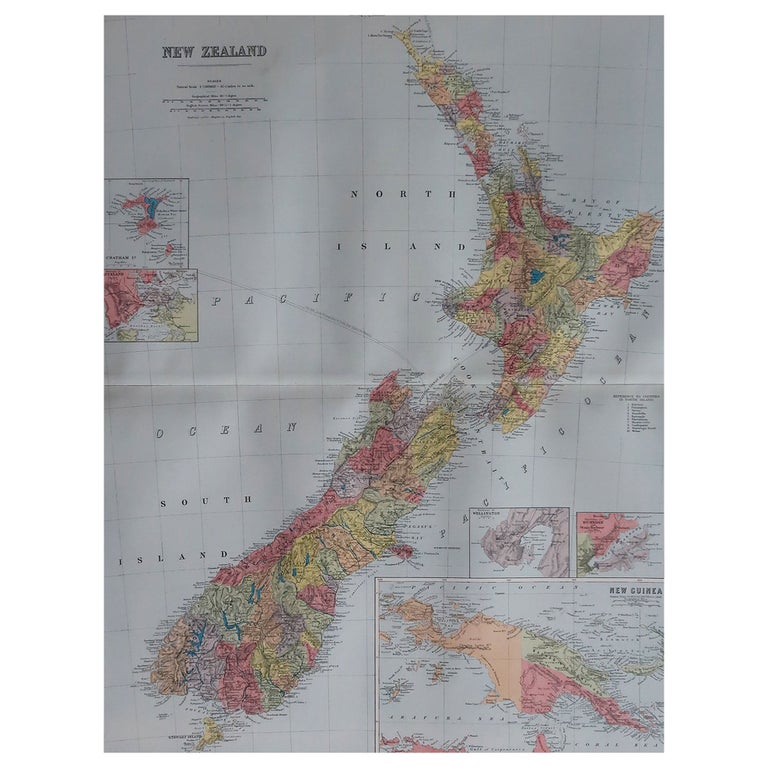 Large Original Vintage Map of New Zealand, 1903 For Sale at 1stDibs