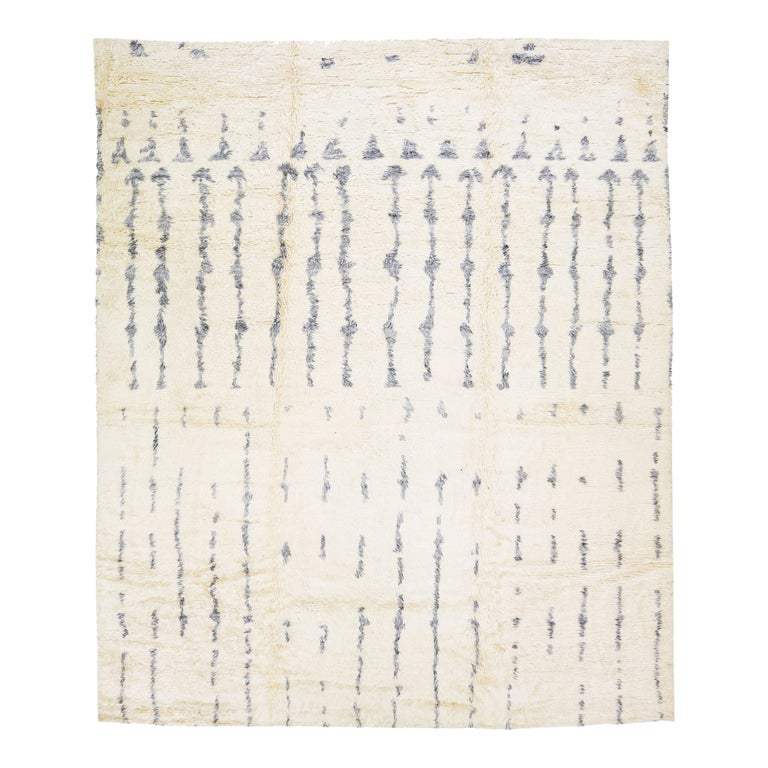 Ivory Modern Moroccan Style Handmade Geometric Wool Rug For Sale at 1stDibs