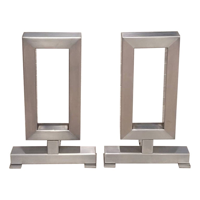Pair of Minimalist Modern Rectangular Metal Andirons For Sale at 1stDibs