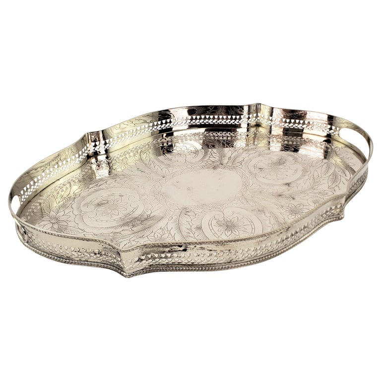 Antique Silver Plated Footed Gallery Serving Tray with Floral Engraving ...