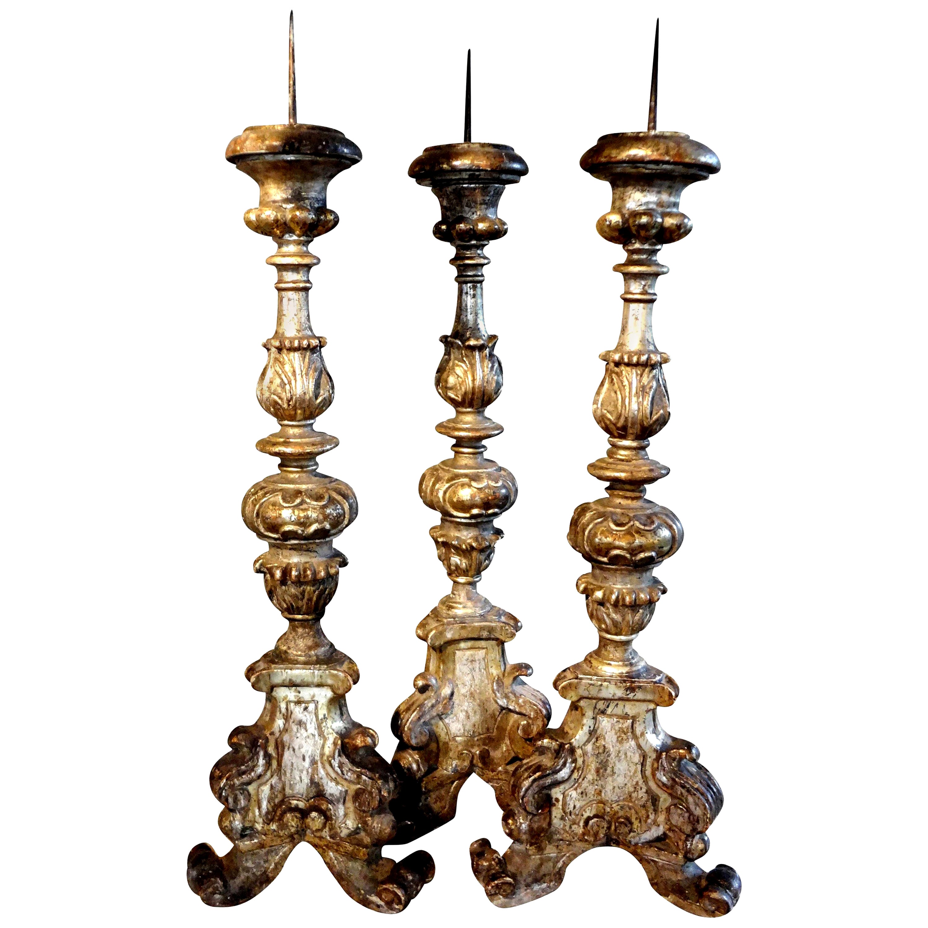 18th Century Pair of Italian Grand Scale Gold Gilded Pricket Sticks For ...