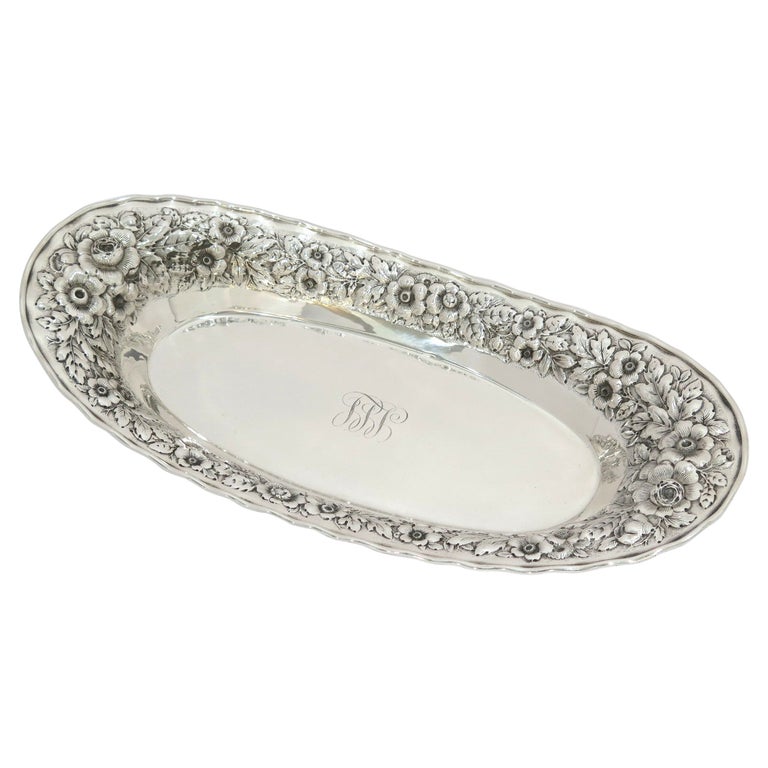 14 in - Sterling Silver Antique American Floral Repousse Bread Dish For ...