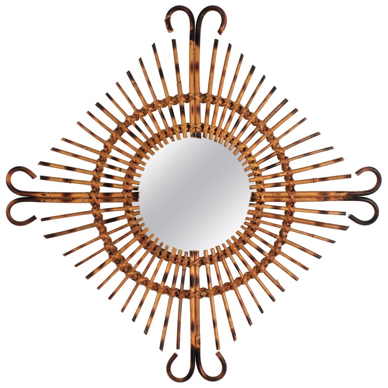 1950s French Riviera Rattan Sunburst Starburst Mirror For Sale at 1stDibs