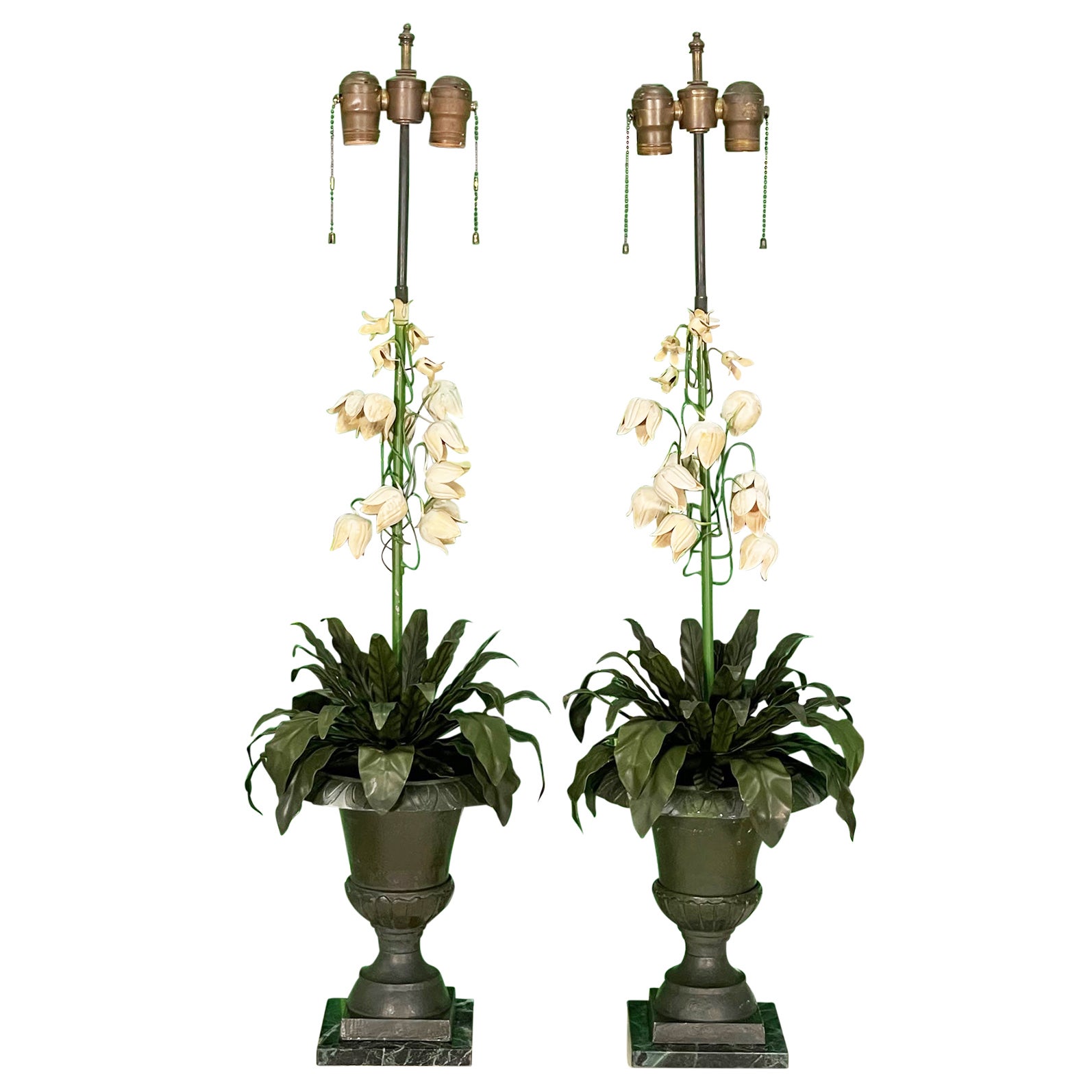 Tole Botanical Floral Urn Table Lamps, A Pair at 1stDibs