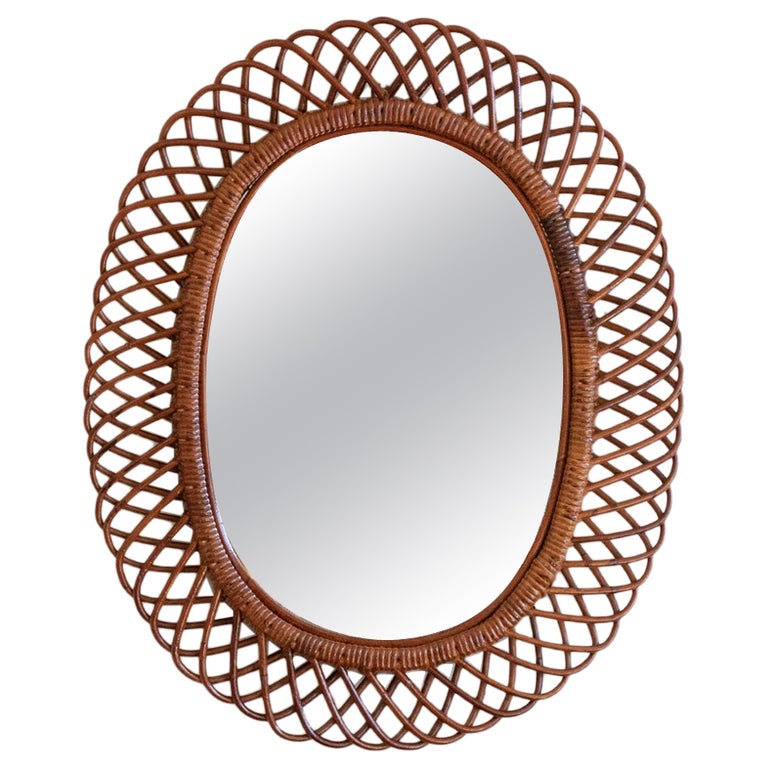Large Italian Oval Rattan Mirror For Sale at 1stDibs