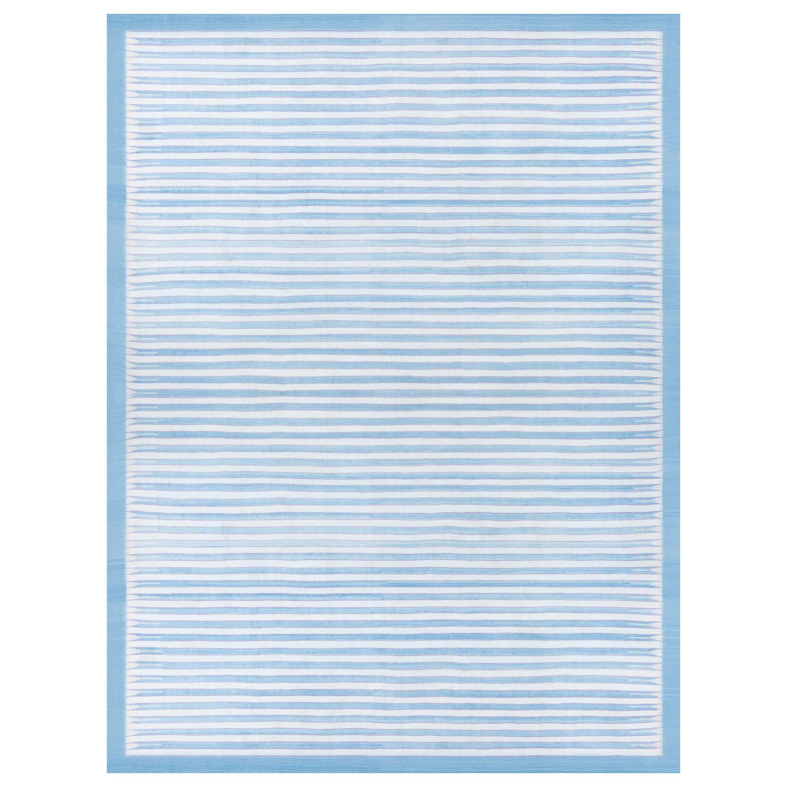 Vintage Indian Dhurrie Striped Blue Beige Rug For Sale at 1stDibs