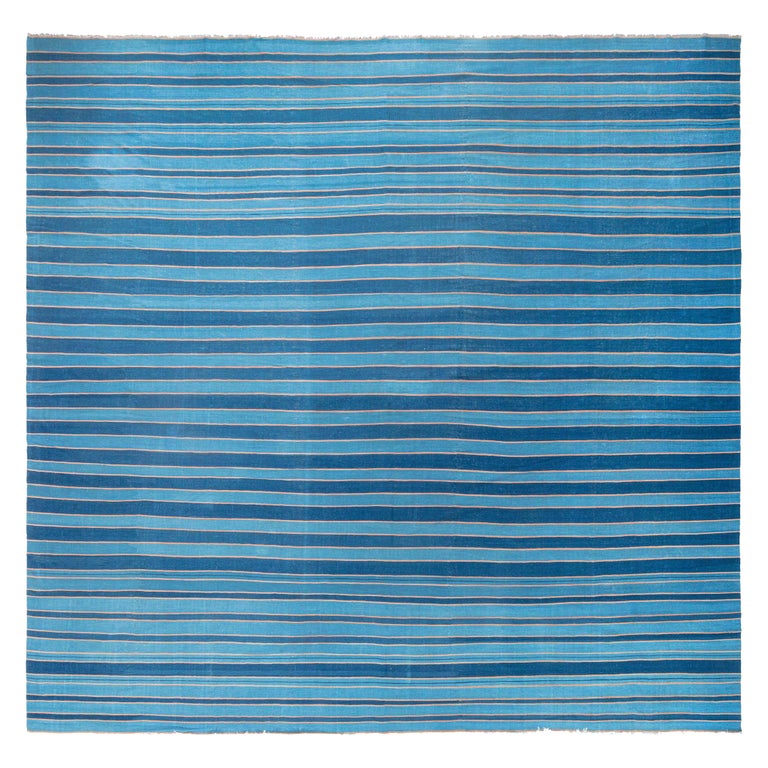 Doris Leslie Blau Collection Vintage Indian Dhurrie Striped Blue Rug For Sale at 1stDibs