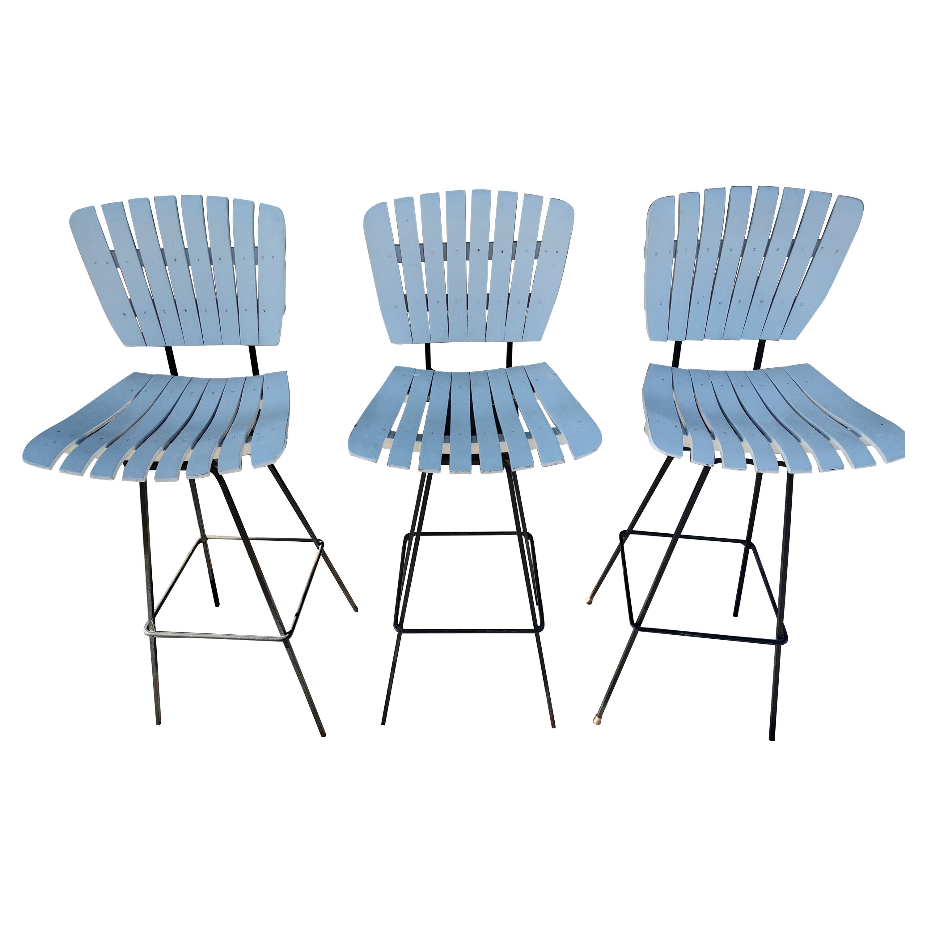 Four Wrought Iron Base with Wood Slat Bar Stools by Arthur Umanoff at ...