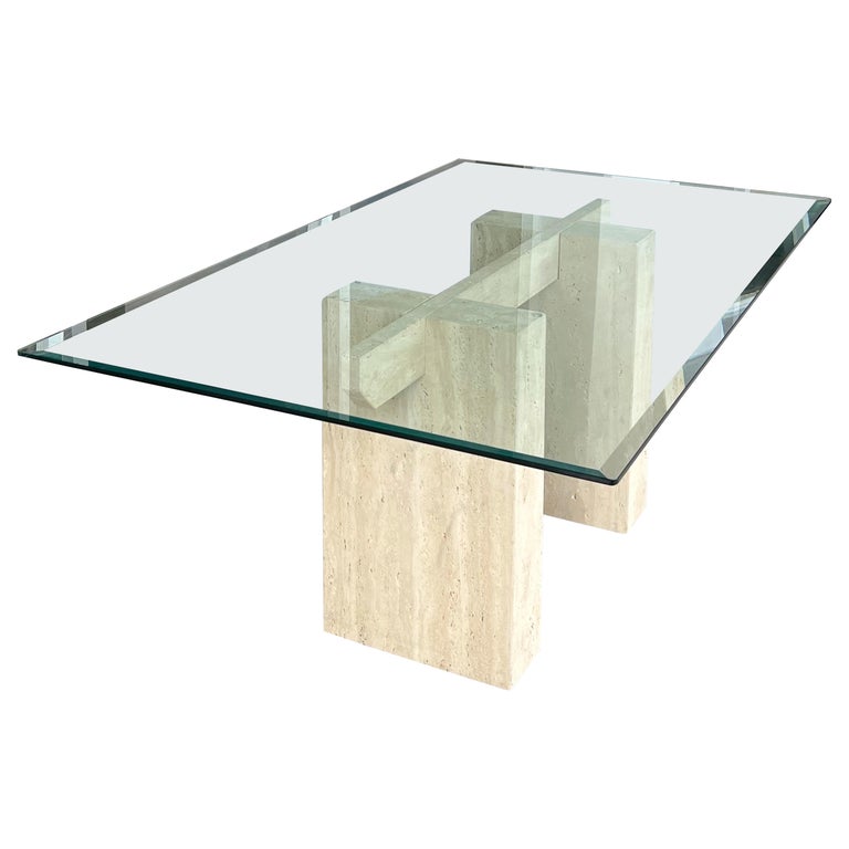Travertine Marble Modern Minimalist Zen Table Desk with Glass Top For ...