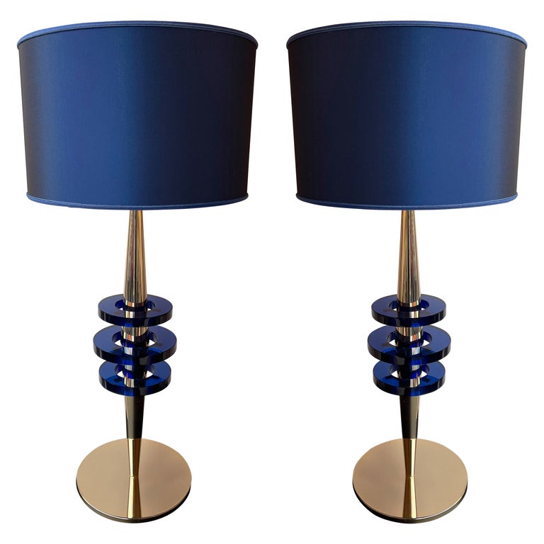 Contemporary Pair of Brass and Blue Murano Glass Disc Lamps, Italy For ...