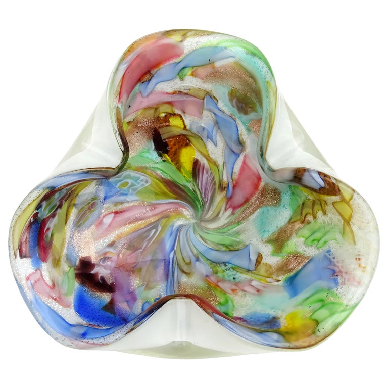 A.Ve.M. Murano White Millefiori Flower Silver Flecks Italian Art Glass ...