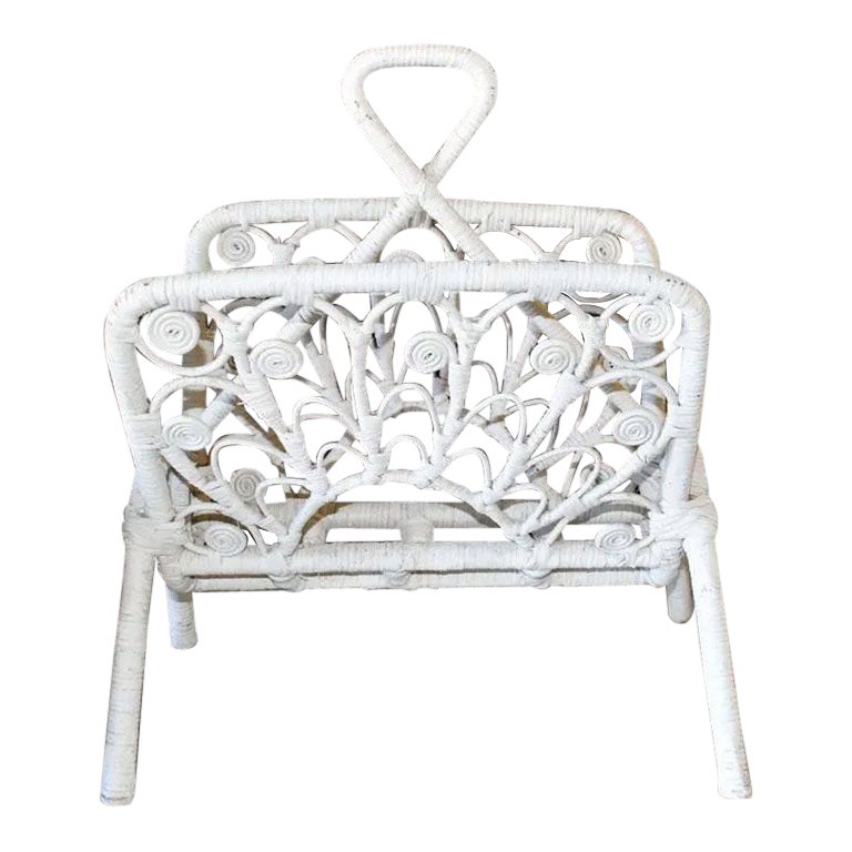 Bohemian White Rattan Magazine Rack - 1970s For Sale at 1stDibs